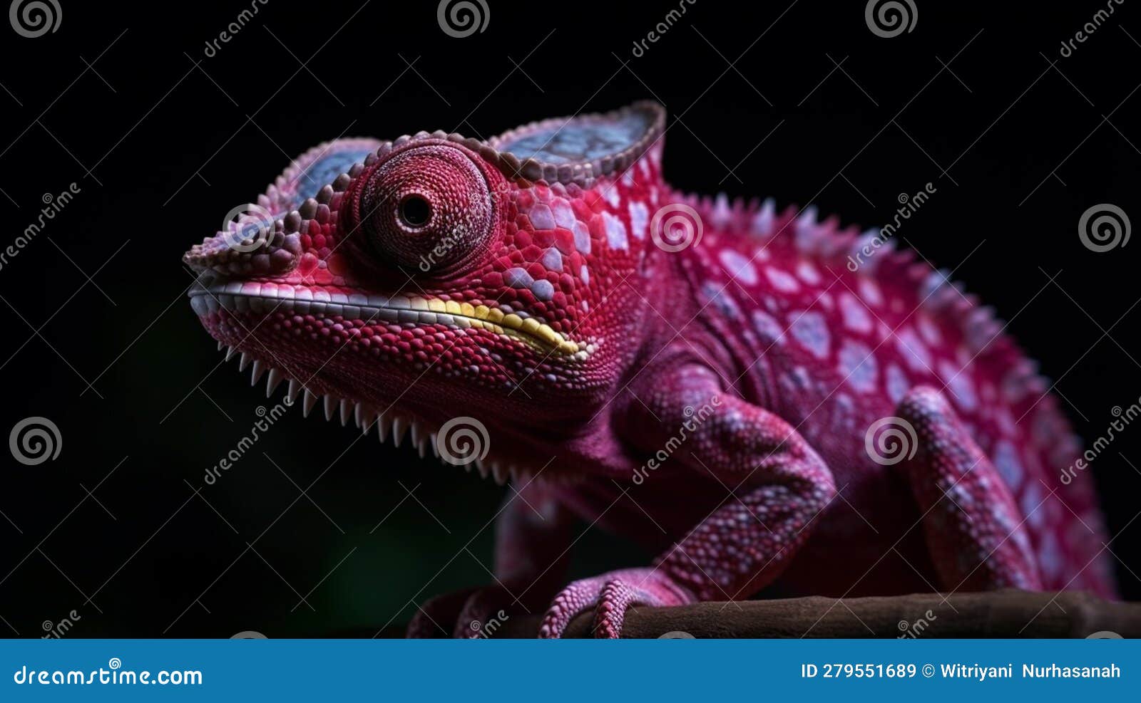 Front View, Close-up of a Purple-glowing Pink Chameleon Looking at the ...