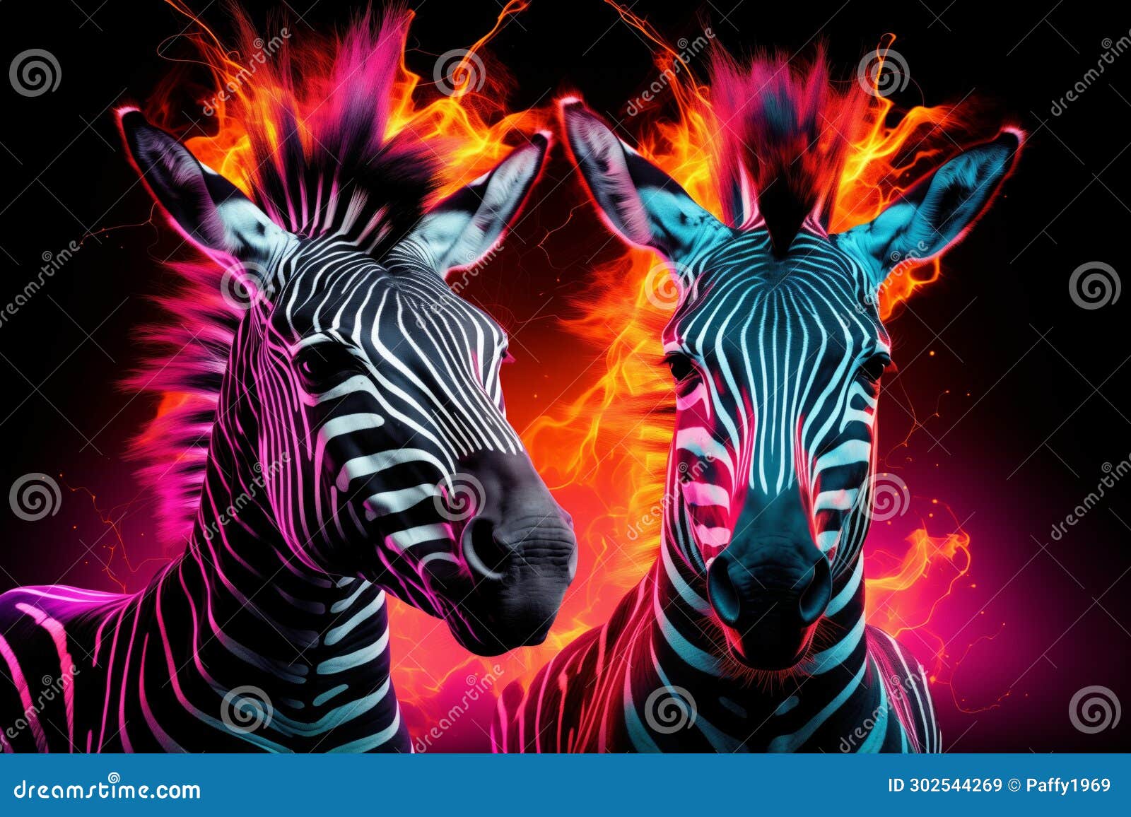 Front View Closeup of Two Zebras with Electric Lights in Neon Lighting ...
