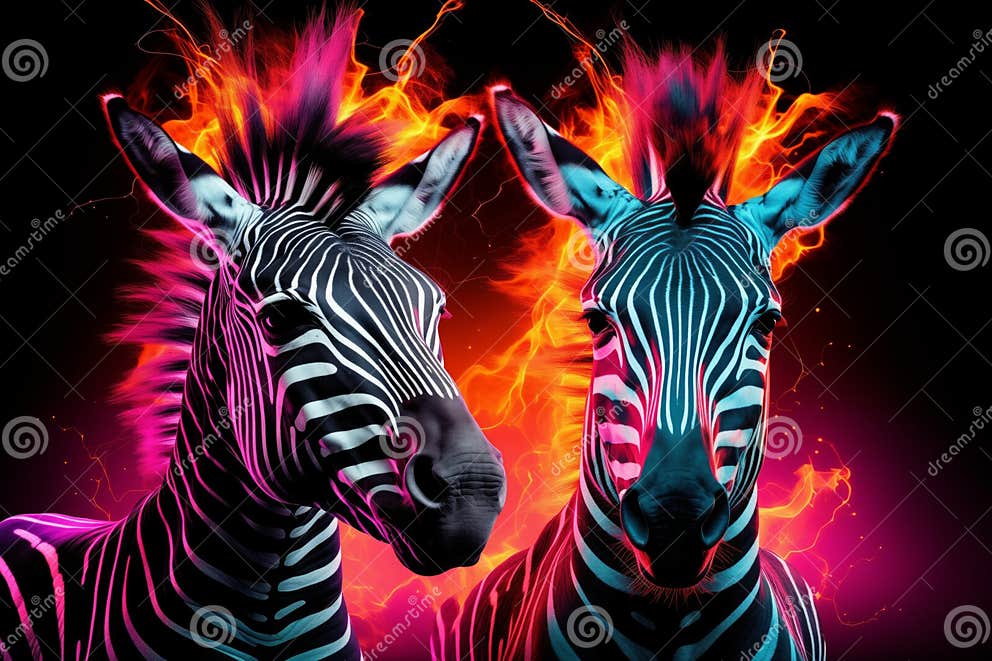 Front View Closeup of Two Zebras with Electric Lights in Neon Lighting ...