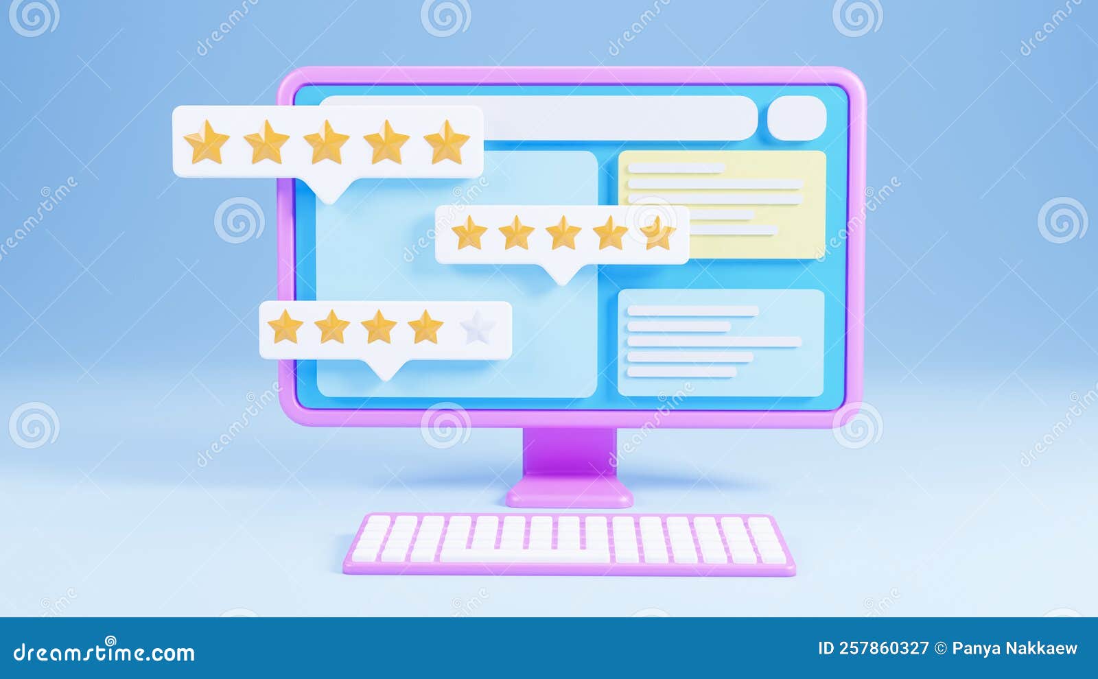 Front View Computer 3d. Screen with Customer Feedback. Five Stars from ...