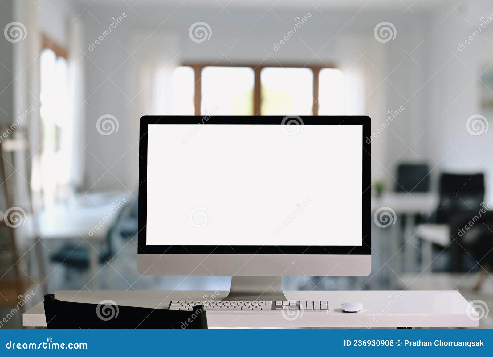 Front View Computer with on Wooden Table in Modern Office. Stock Photo ...