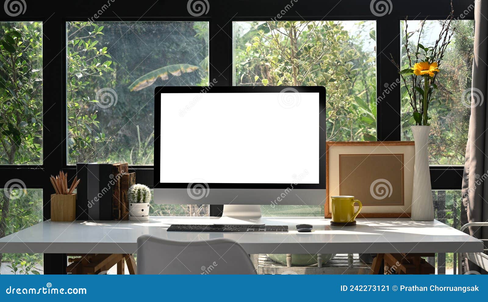 Computer Pc with Empty Display on White Table in Home Office. Stock ...
