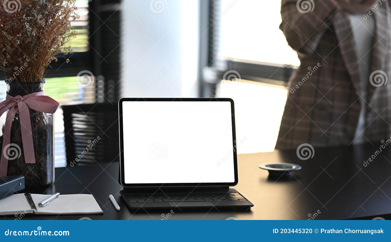 Front View of a Computer Tablet on the Work Desk and Blank Screen ...