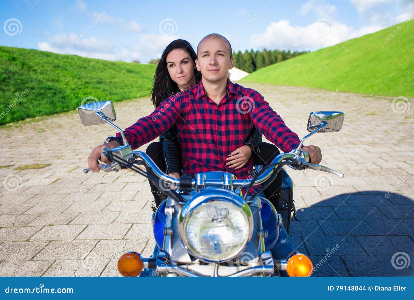 Front View of Couple Riding on Vintage Motorcycle Stock Photo - Image ...