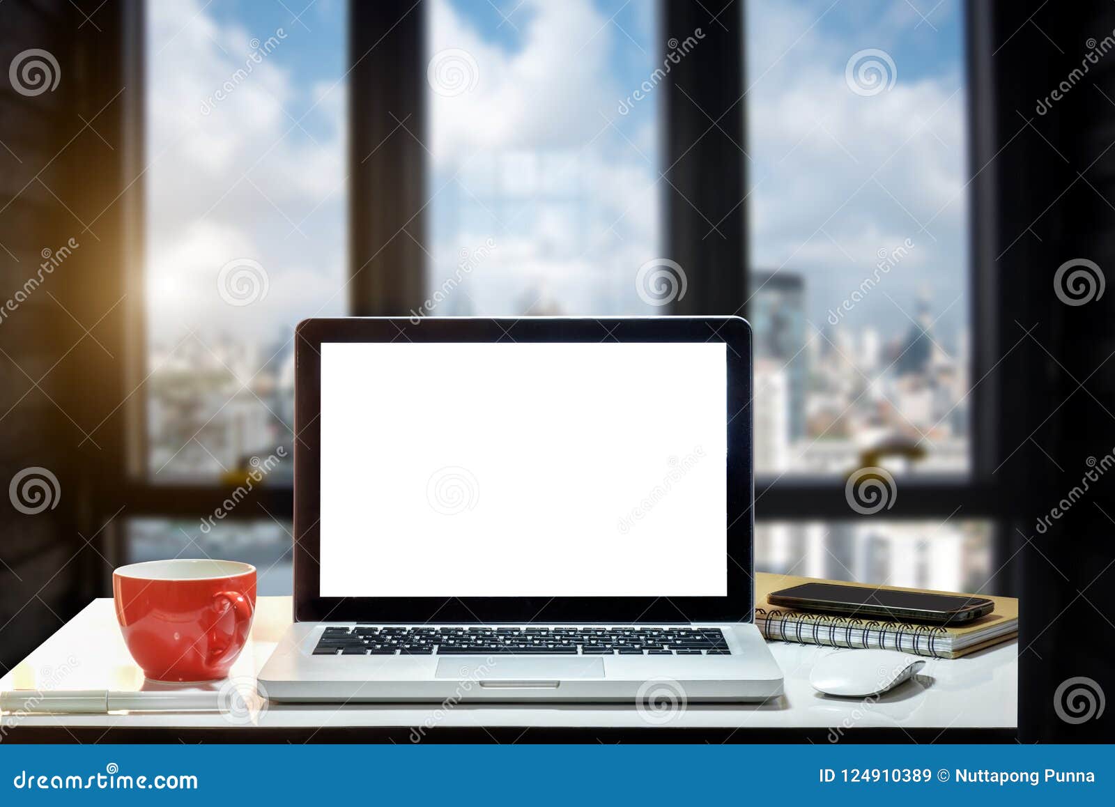 Front View of Cup and Laptop on Table Stock Image - Image of design ...
