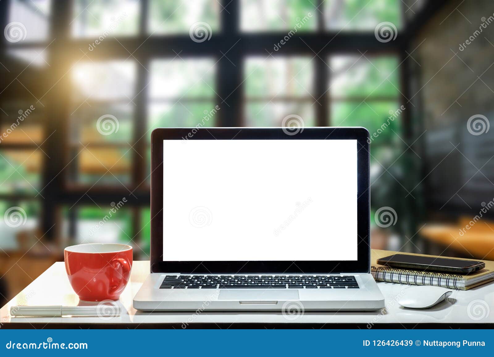 Front View of Cup and Laptop on Table in Office Room Stock Image ...