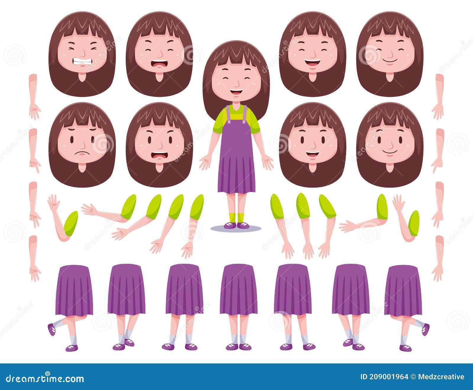 Front View Cute Girl Character Creation Set 02 Stock Vector ...