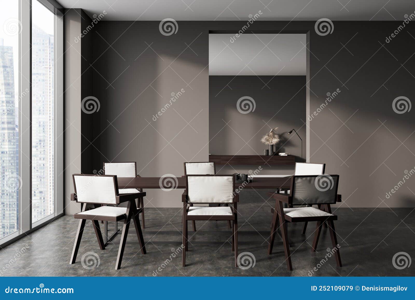 Front View on Dark Dining Room Interior with Dining Table Stock ...