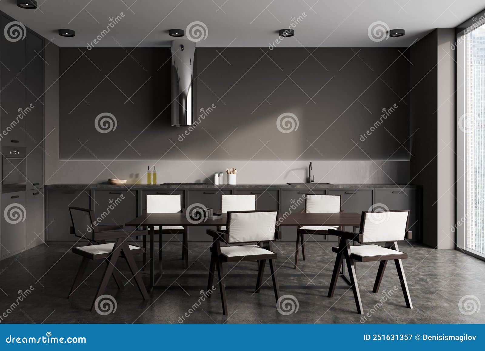 Front View on Dark Kitchen Room Interior with Dining Table Stock ...