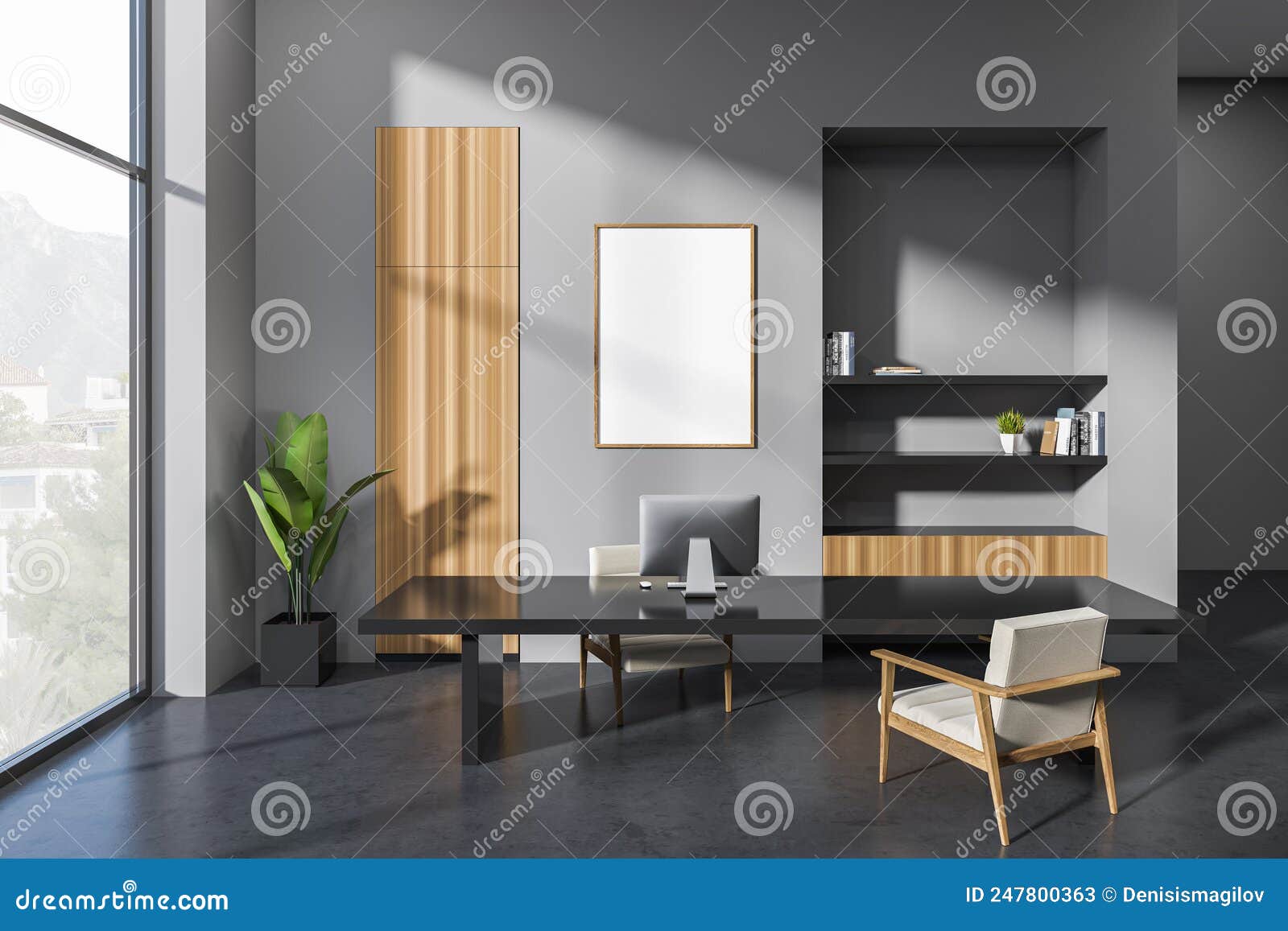Front View on Dark Office Interior with Empty White Poster Stock ...