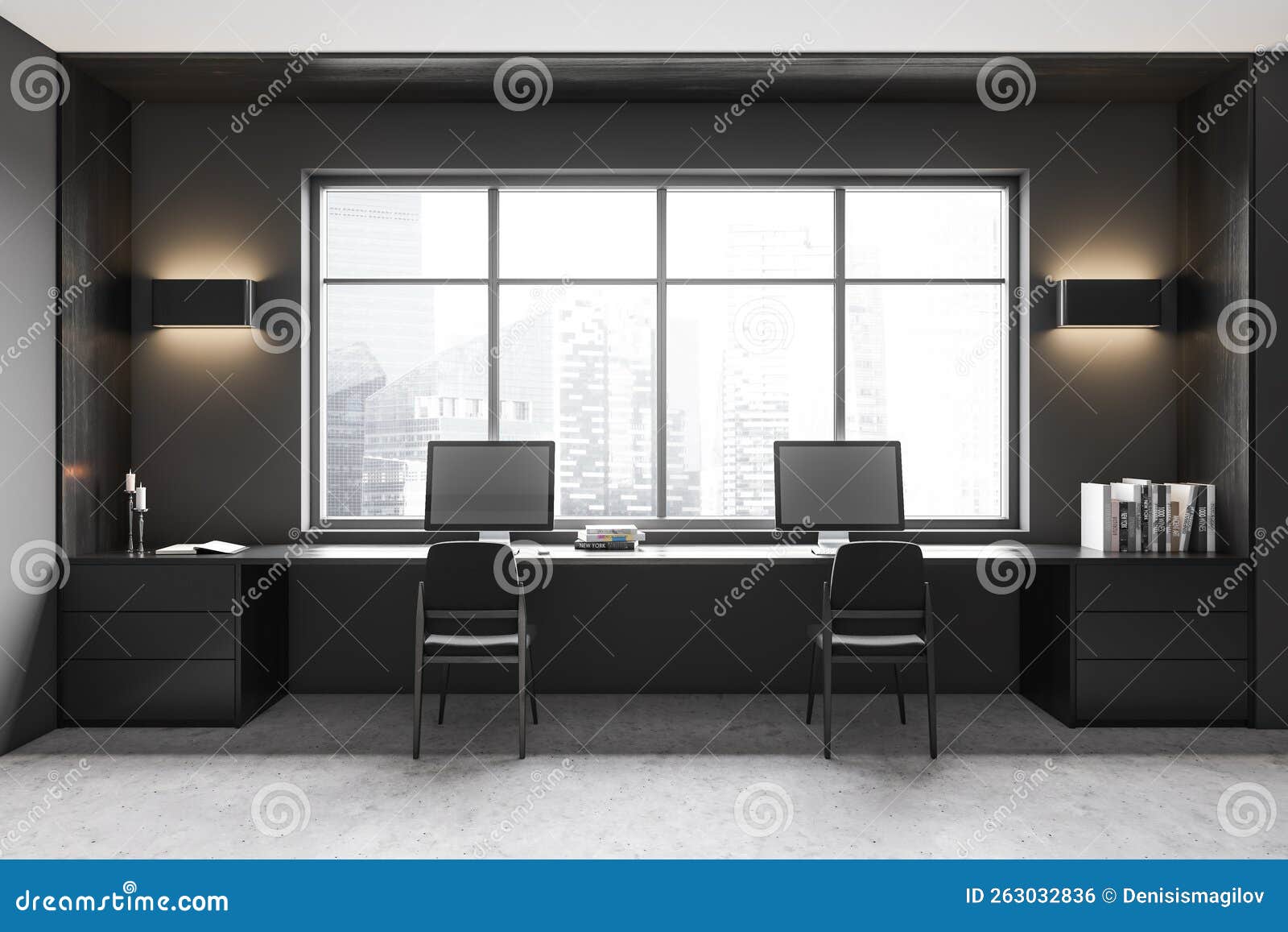 Front View on Dark Office Room Interior with Computers, Desk Stock ...