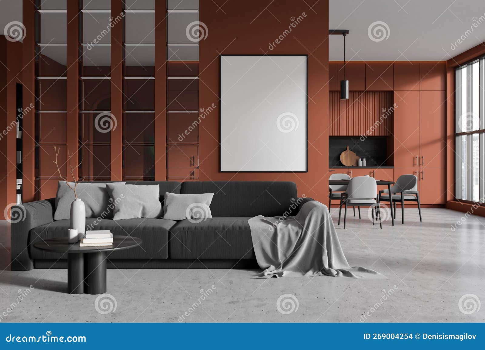 Front View on Dark Studio Room Interior with Empty Poster Stock ...