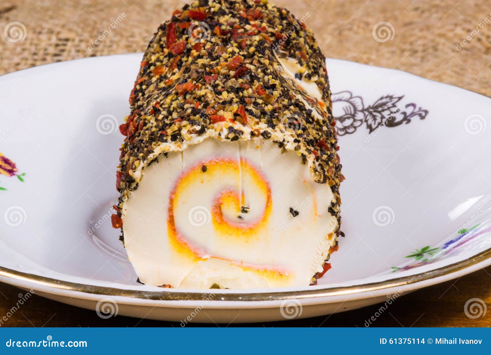 Front View of Decorated Cheese in a White Plate and Canvas Stock Photo ...
