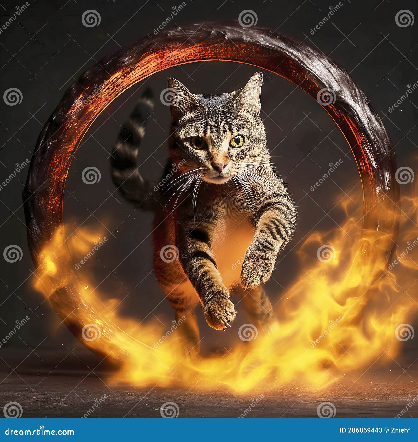Front View of a Domestic Cat Jumping through a Ring of Fire, Made with ...
