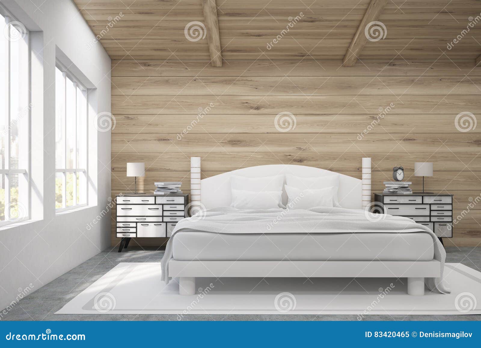 Front View of a Double Bed in a Room with Wooden Walls and Ceiling ...