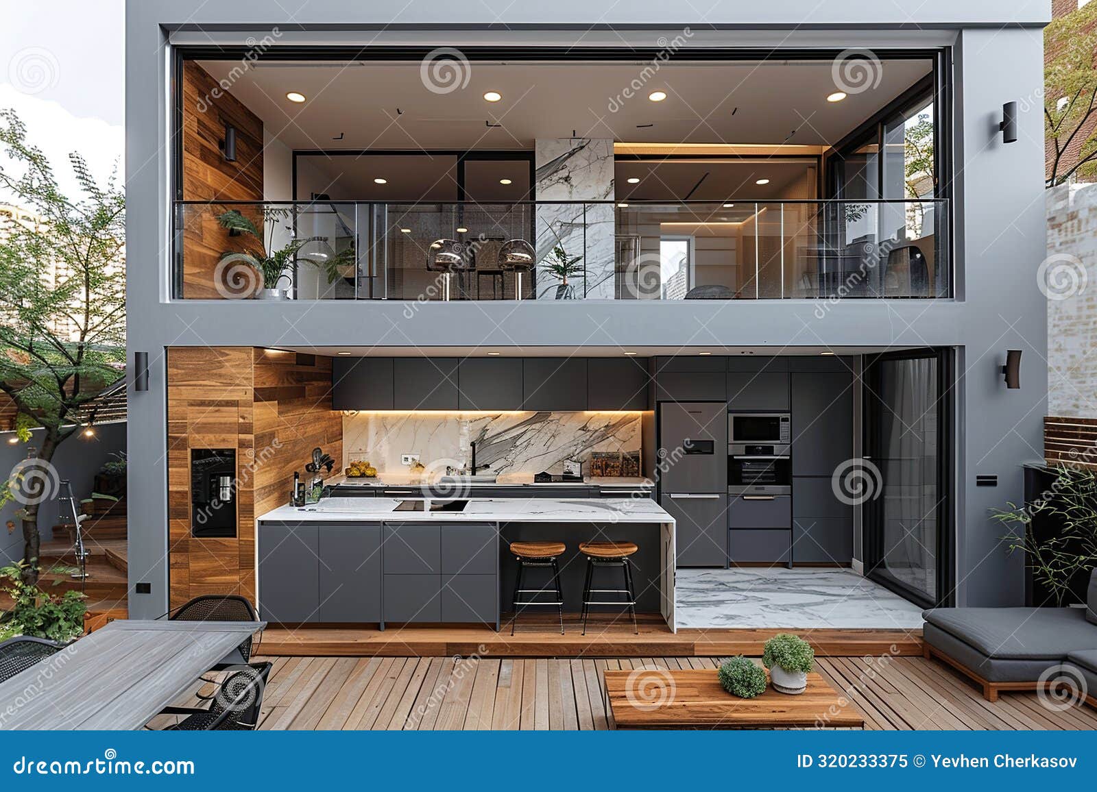 Front View of Elegant Interior with Gray Drawers Under Kitchen Cabinet ...