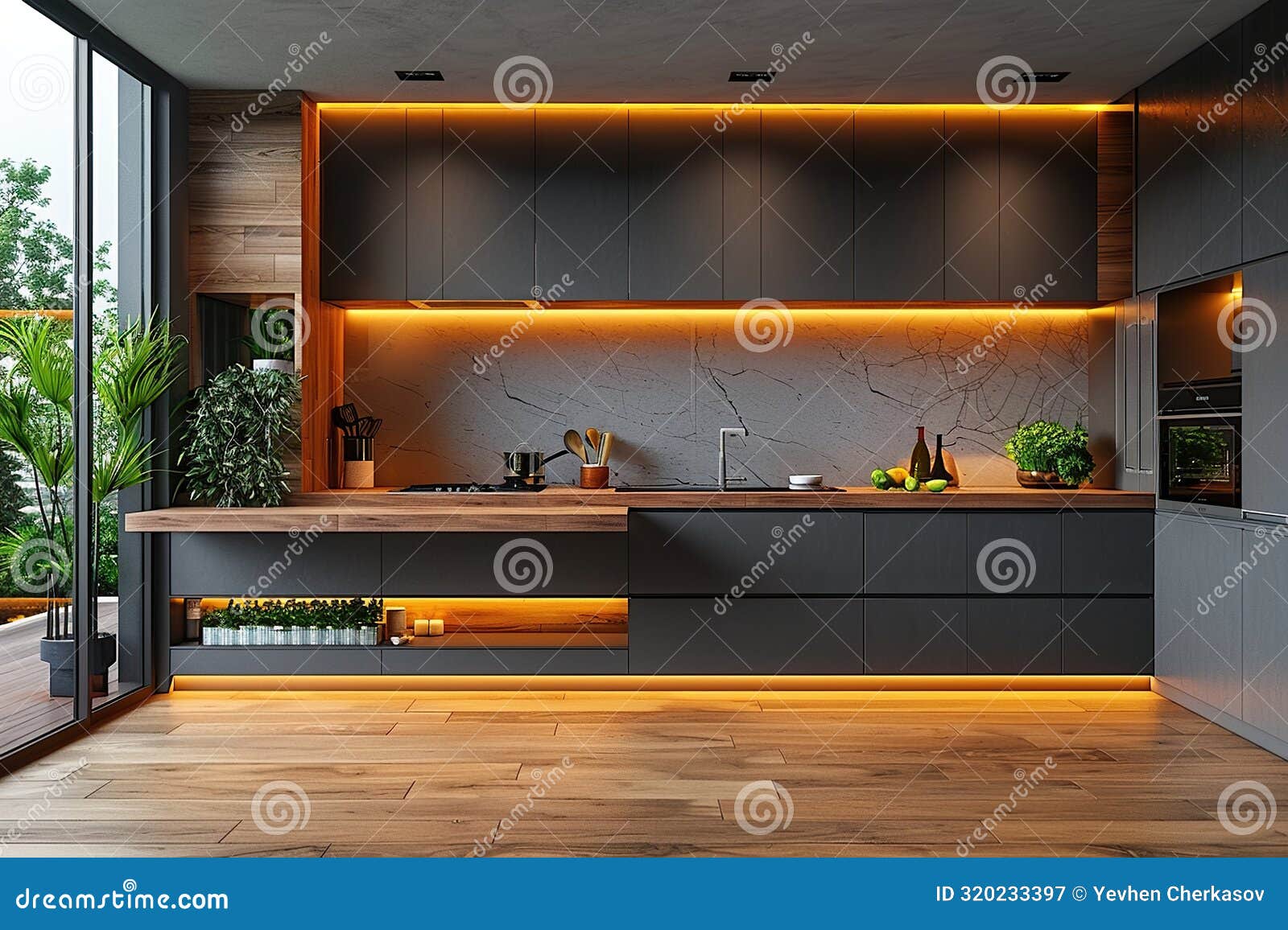 Front View of Elegant Interior with Gray Drawers Under Kitchen Cabinet ...