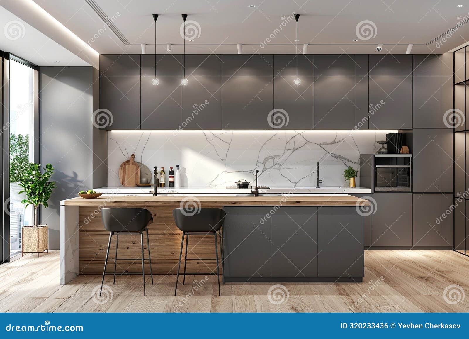 Front View of Elegant Interior with Gray Drawers Under Kitchen Cabinet ...