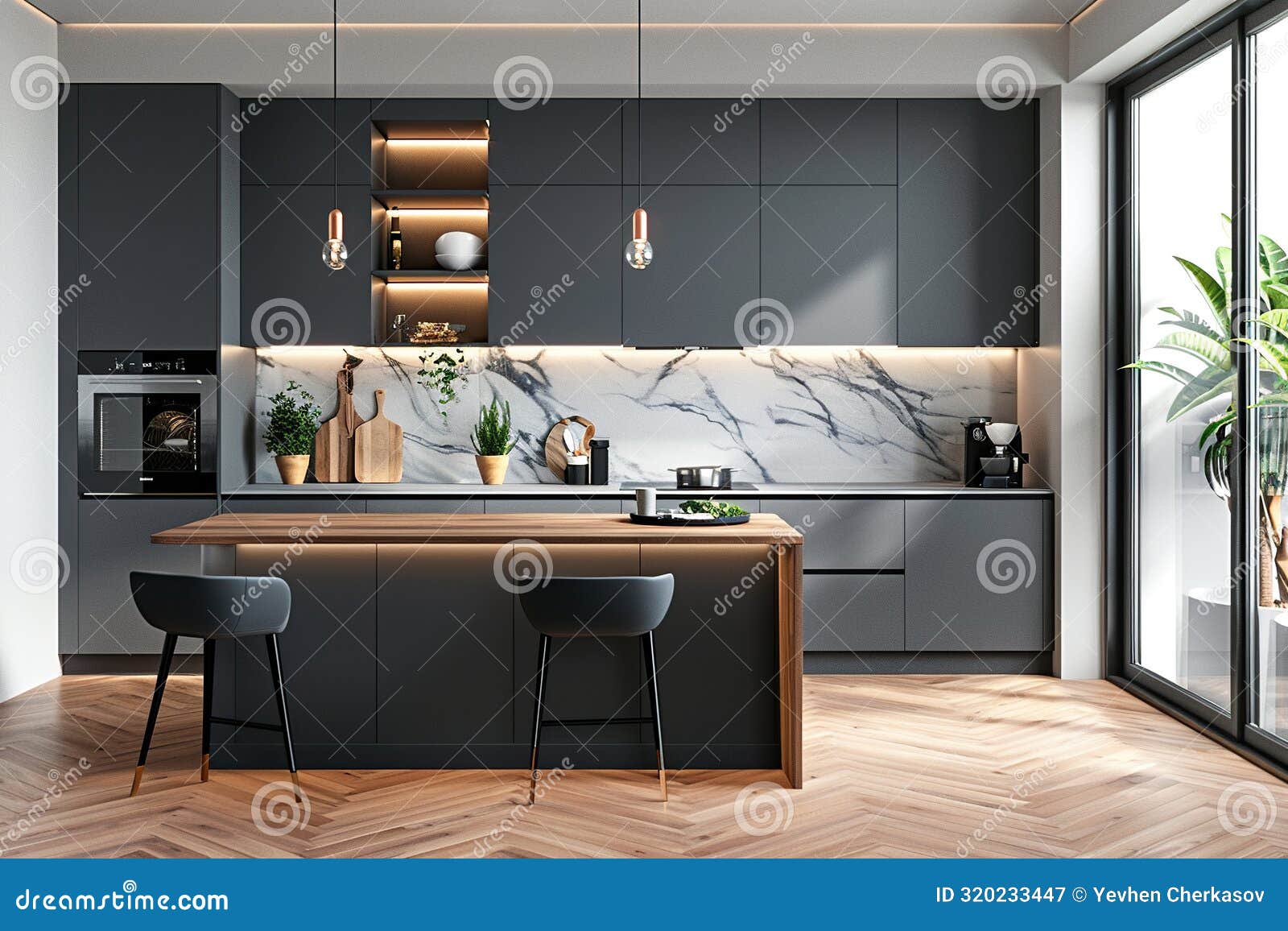 Front View of Elegant Interior with Gray Drawers Under Kitchen Cabinet ...