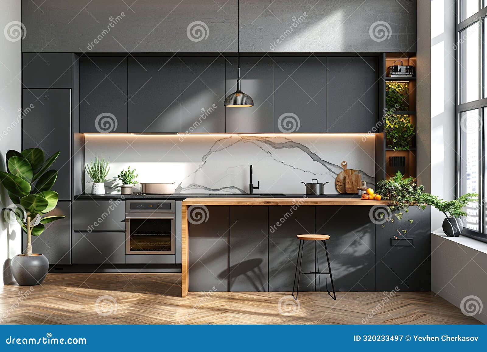 Front View of Elegant Interior with Gray Drawers Under Kitchen Cabinet ...