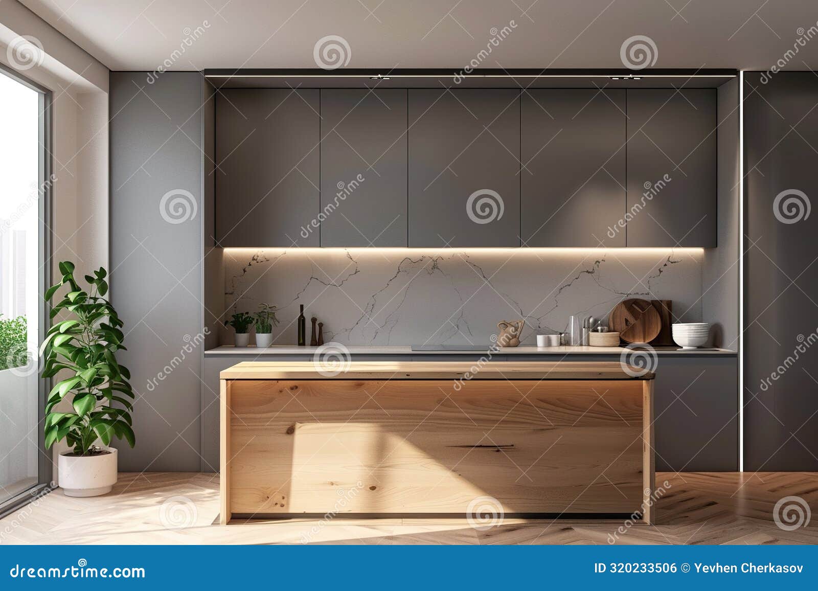 Front View of Elegant Interior with Gray Drawers Under Kitchen Cabinet ...