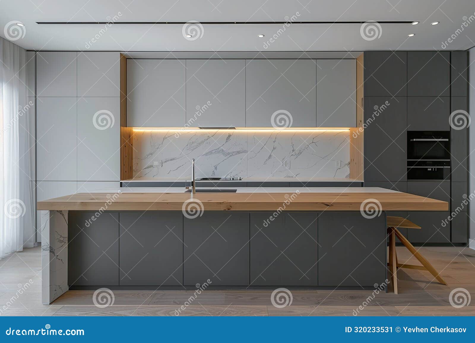 Front View of Elegant Interior with Gray Drawers Under Kitchen Cabinet ...