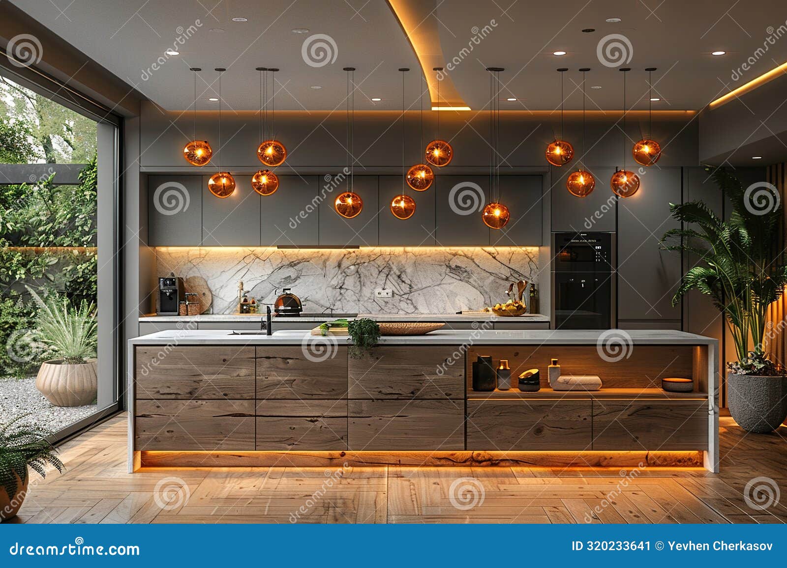 Front View of Elegant Interior with Gray Drawers Under Kitchen Cabinet ...