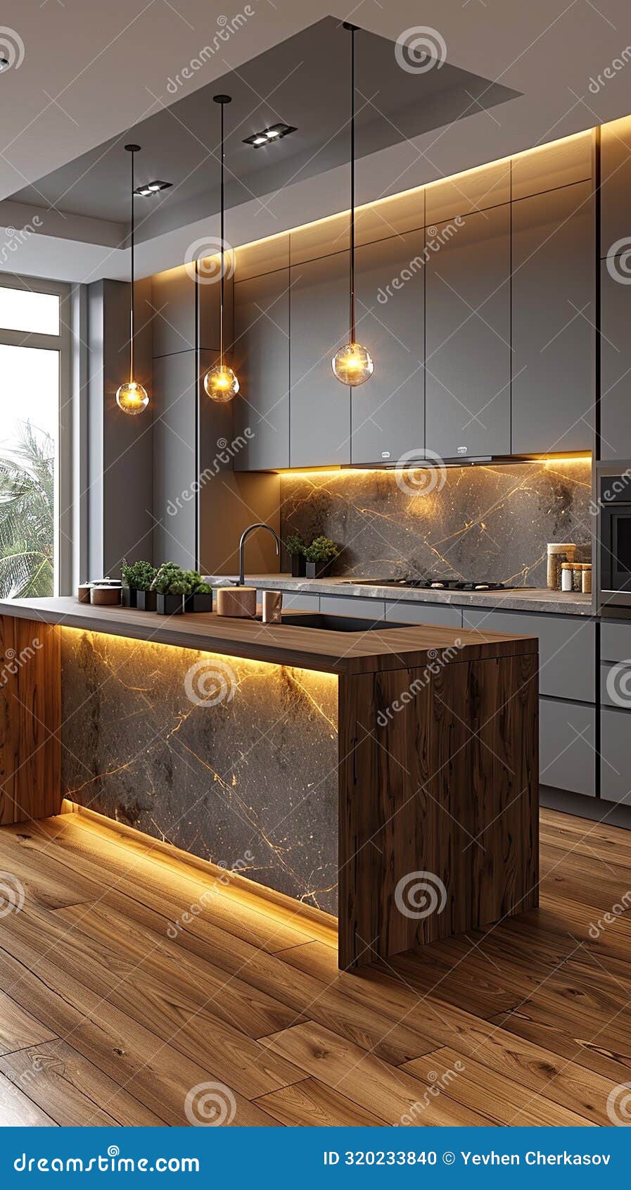 Front View of Elegant Interior with Gray Drawers Under Kitchen Cabinet ...