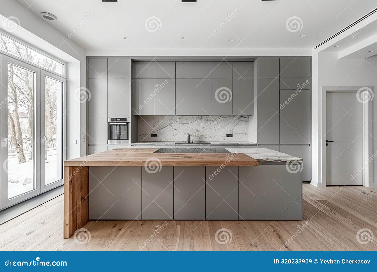 Front View of Elegant Interior with Gray Drawers Under Kitchen Cabinet ...