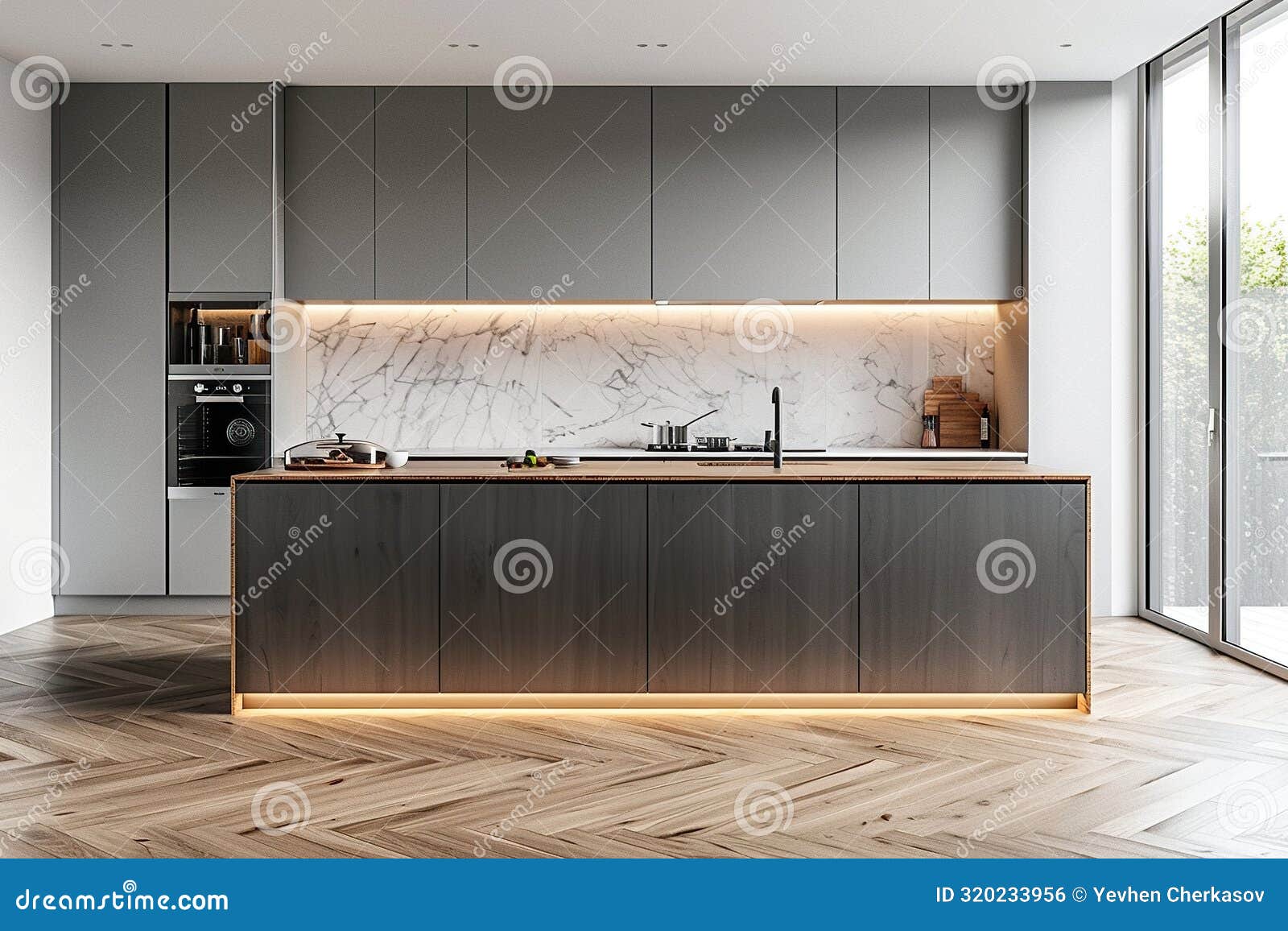 Front View of Elegant Interior with Gray Drawers Under Kitchen Cabinet ...