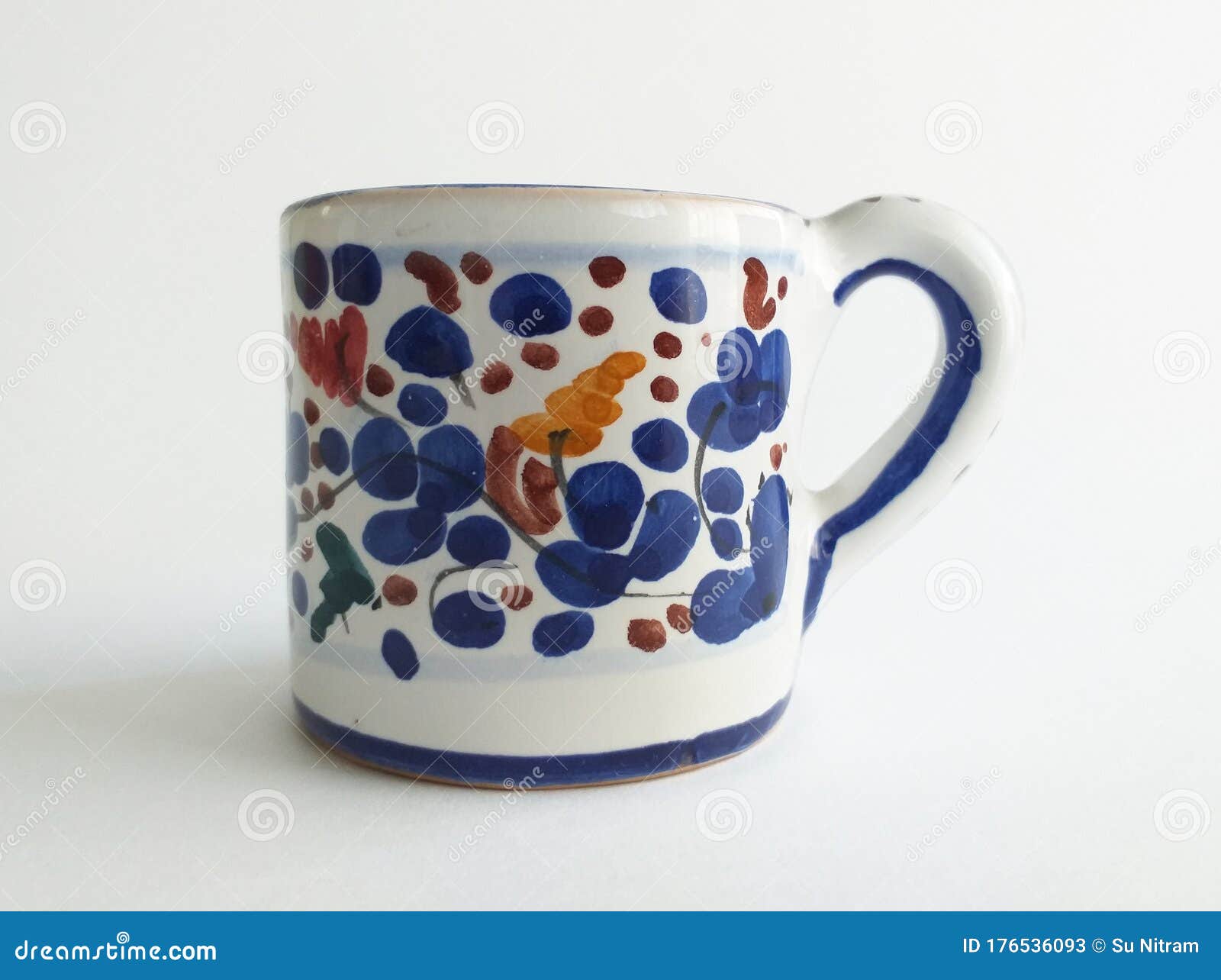 Front View of Elegant Painted Ceramic Mug with Blue and Grenade ...