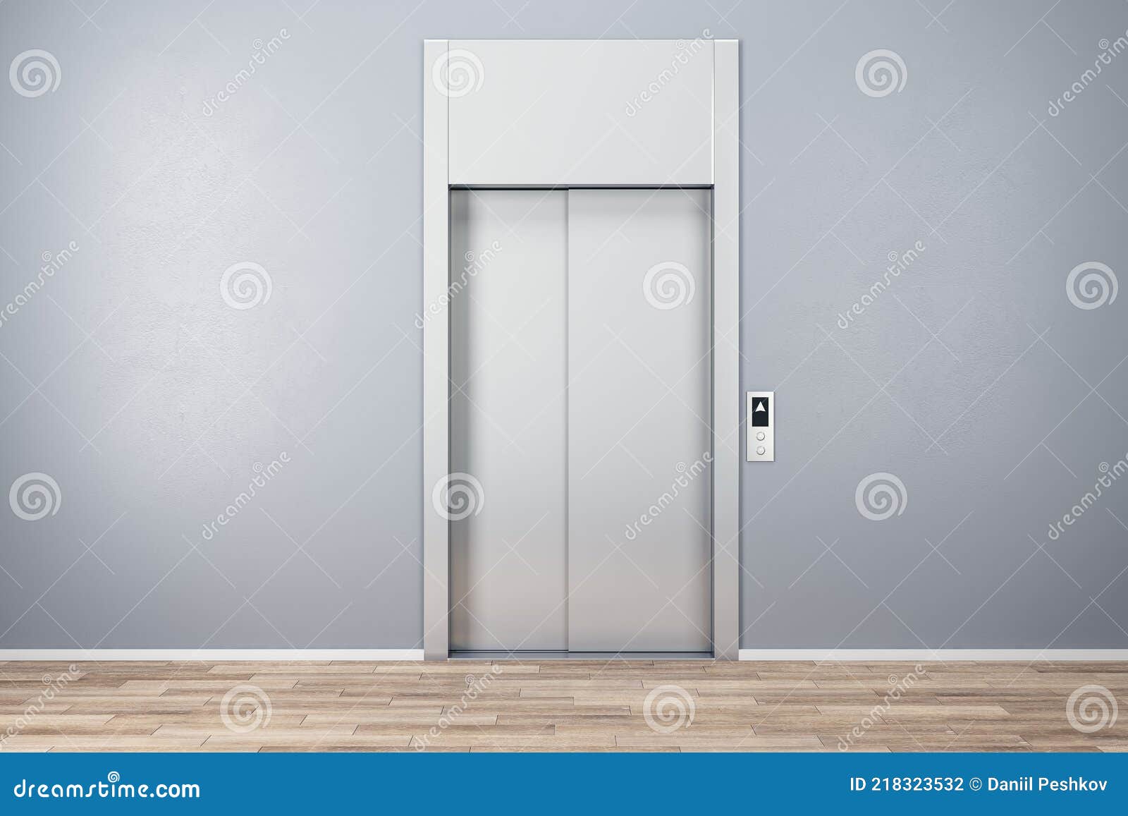Front View on Elevator with Metal Doors, Grey Blank Wall and Wooden ...