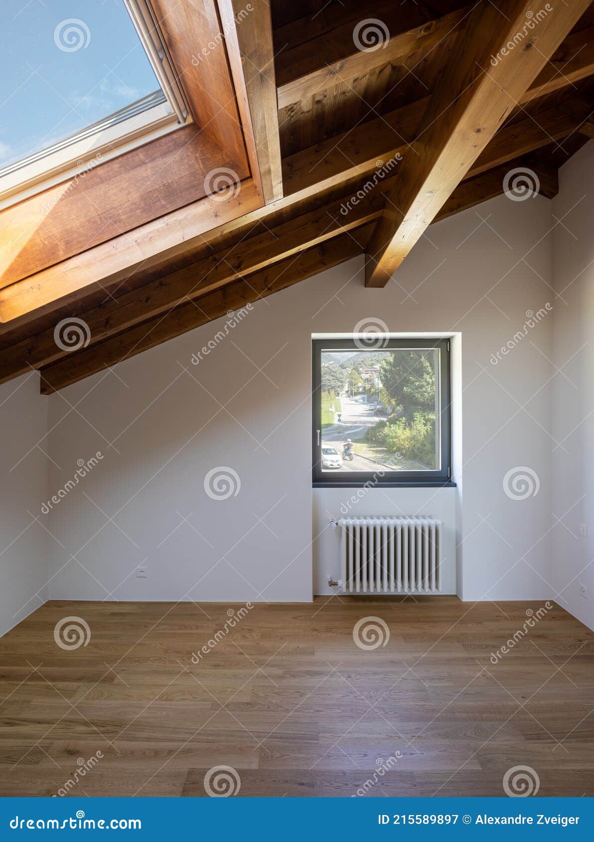 Front View Empty Room with Large Window To Nature and Blue Sky Stock ...