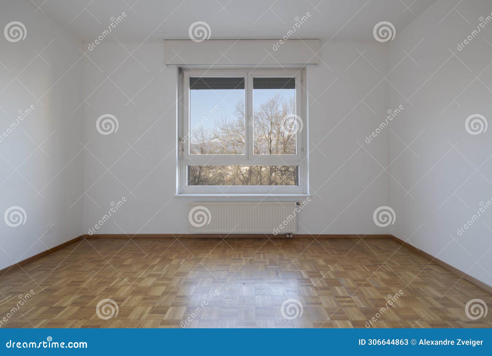 Front View of an Empty Room with Parquet and Nature View Stock Image ...