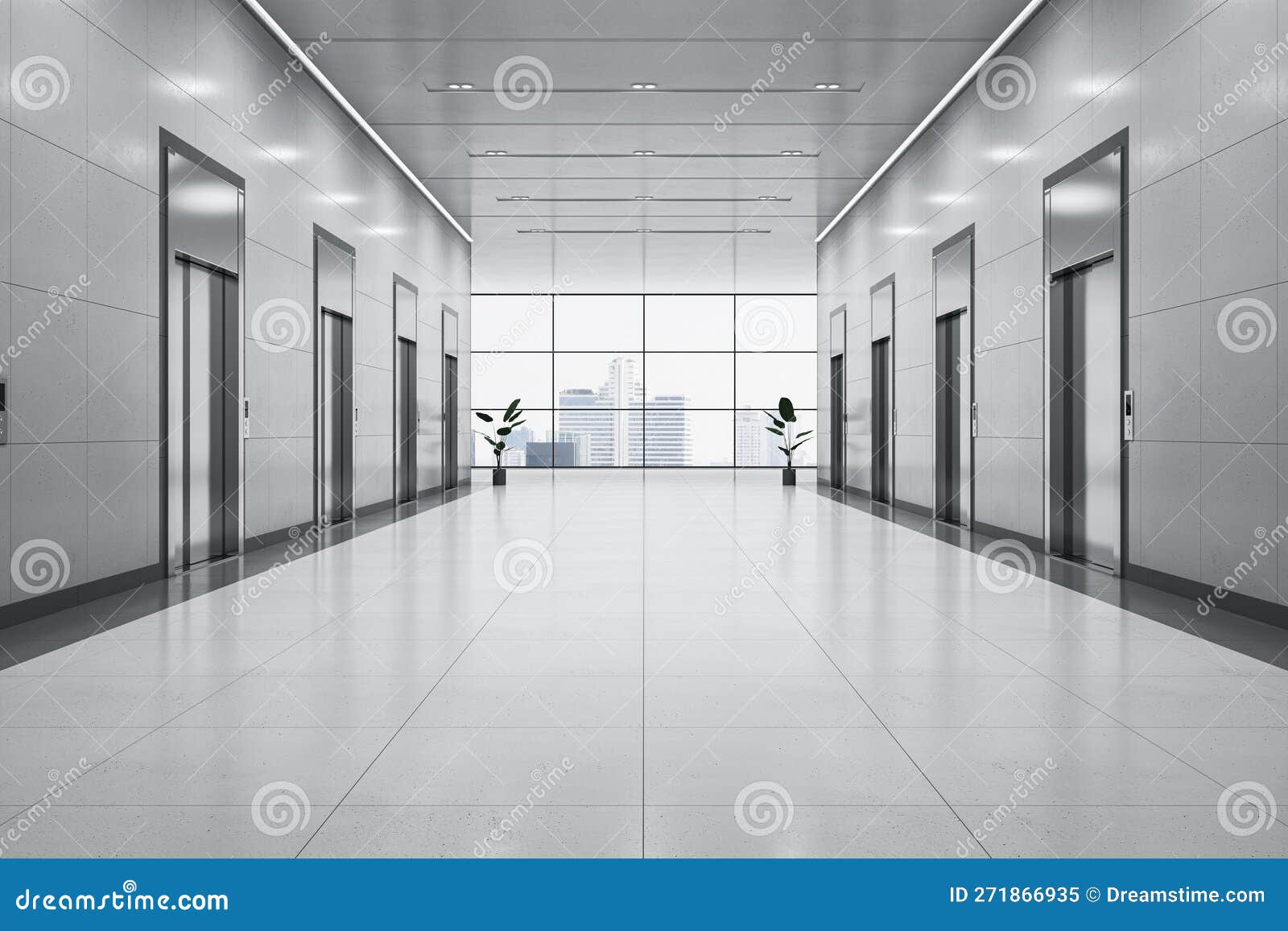 Empty Spacious Business Center Corridor With Wooden Walls And Place For ...