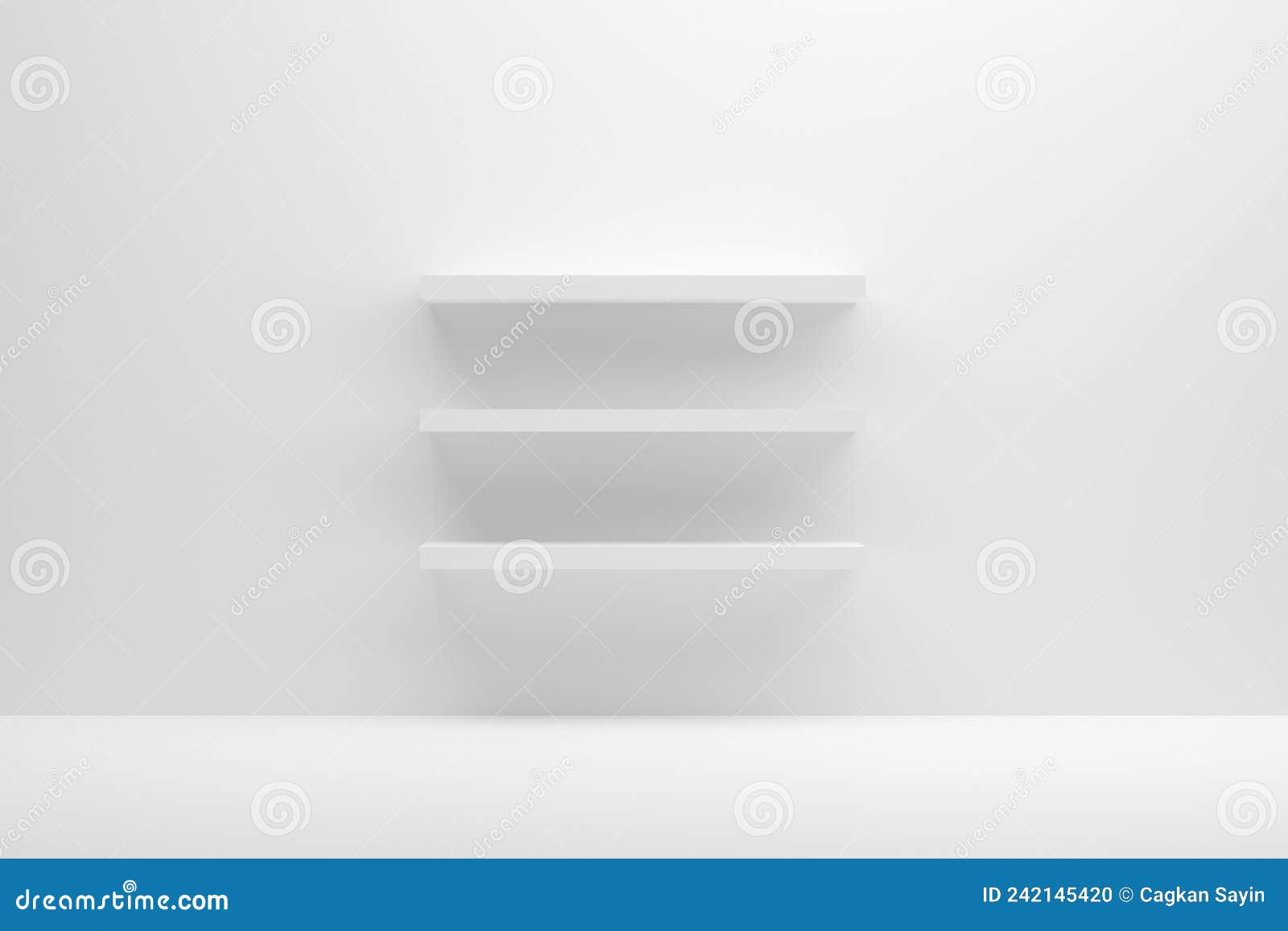 Front View of Empty White Shelves Mounted on a White Wall. Backdrop ...
