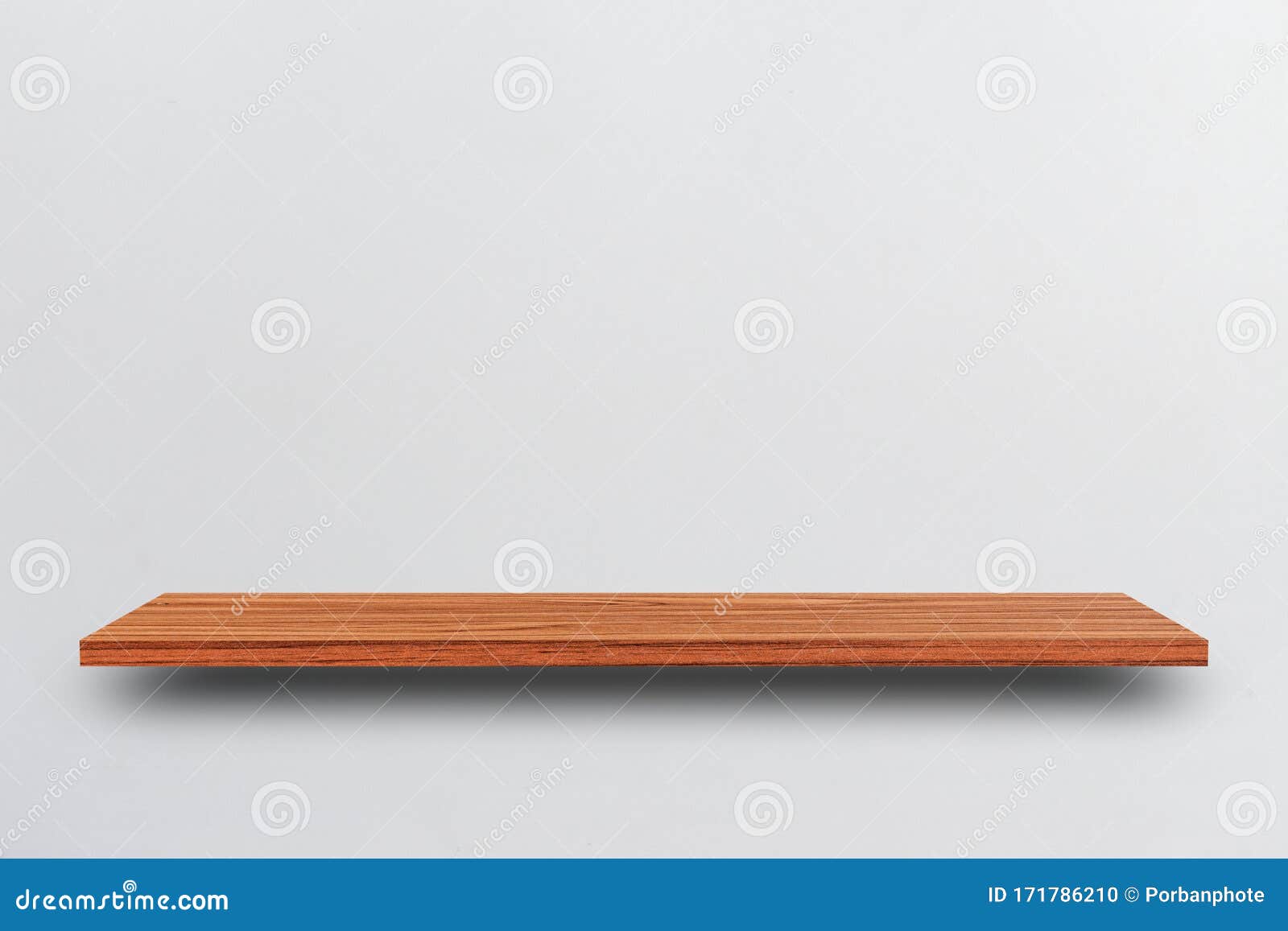 Front View Empty Wooden Shelf and Grey Wall. Stock Photo - Image of ...