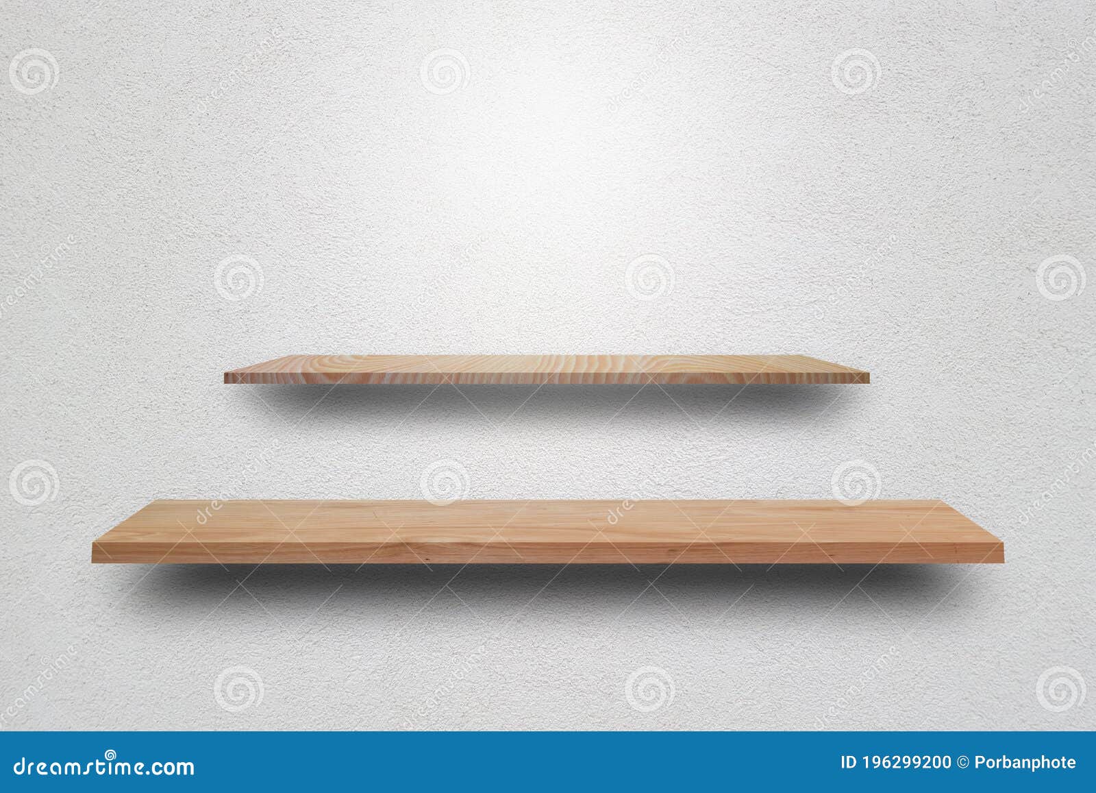 Front View Empty Wooden Shelf and Grey Wall. Stock Photo - Image of ...