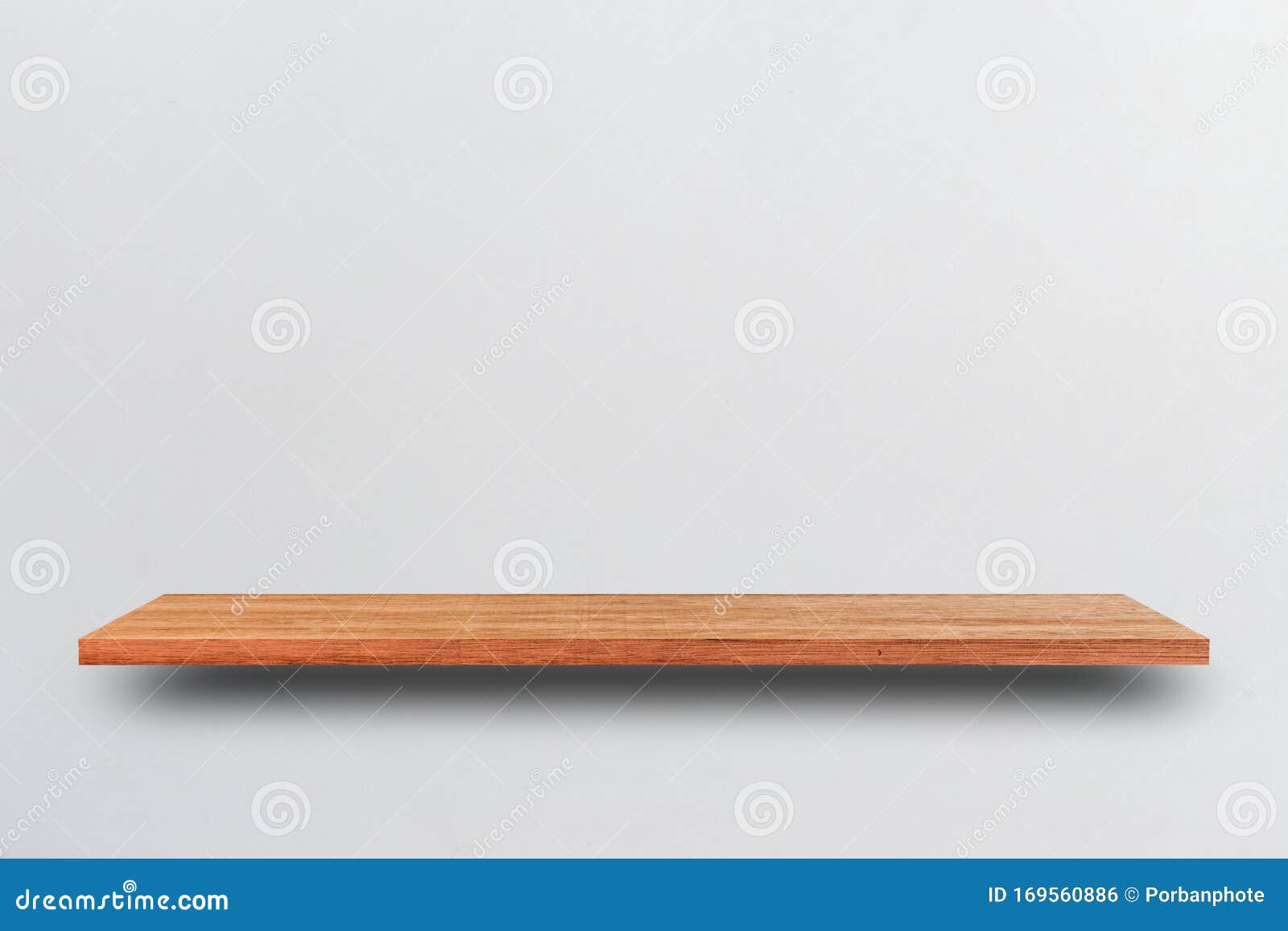 Front View Empty Wooden Shelf and Grey Wall. Stock Photo - Image of ...