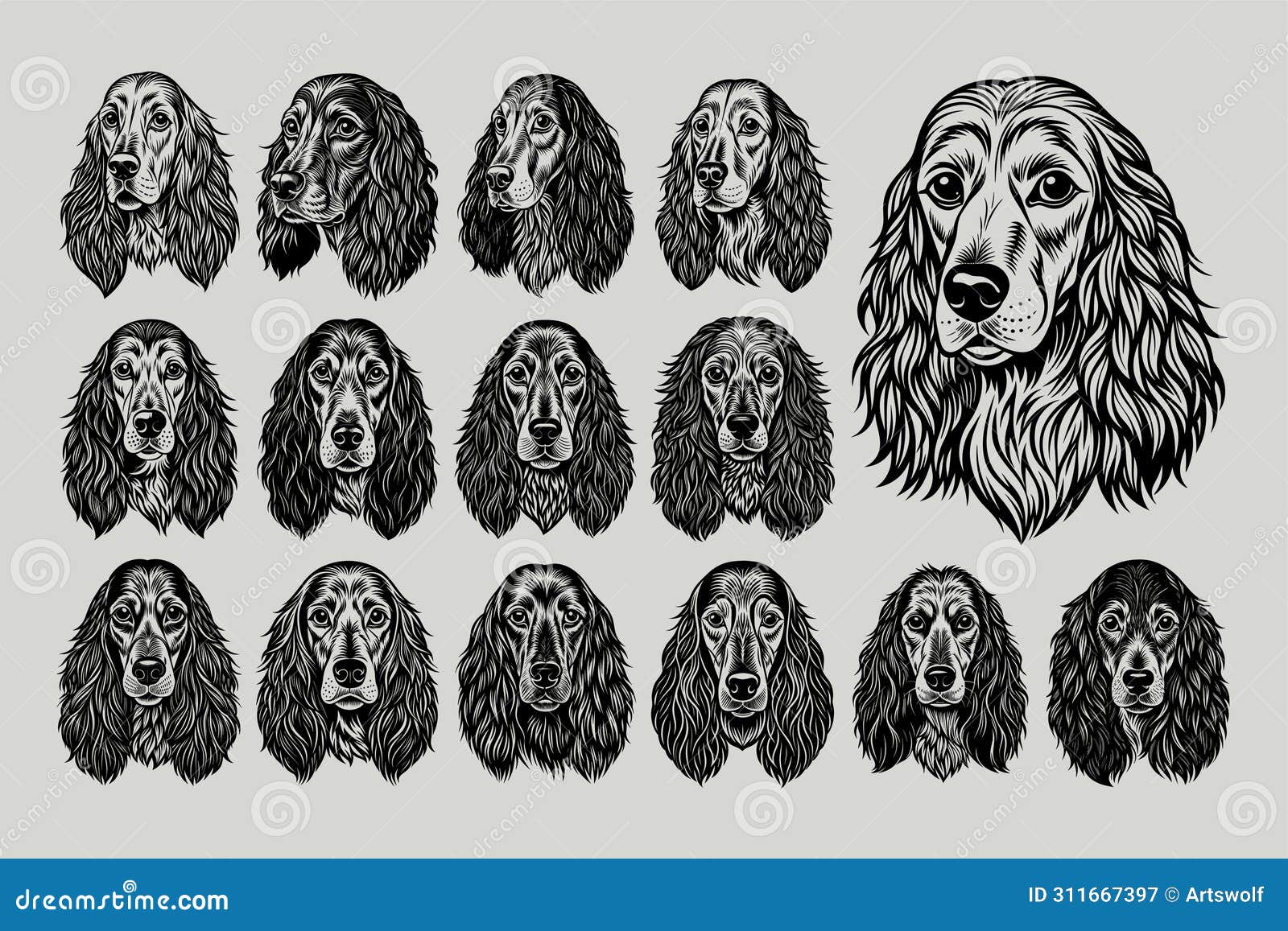 Front View English Cocker Spaniel Dog Head Tshirt Design Vector Set ...
