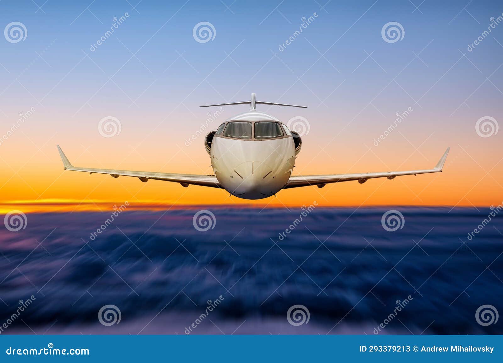 Front View of the Executive Aircraft Flying in the Sunrise Sky Stock ...