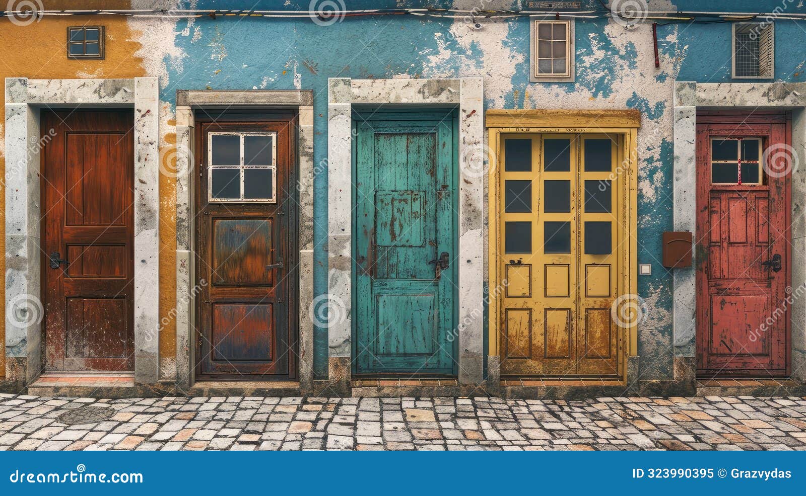 Front View Facade of an Old House with a Five Wooden Doors Stock ...