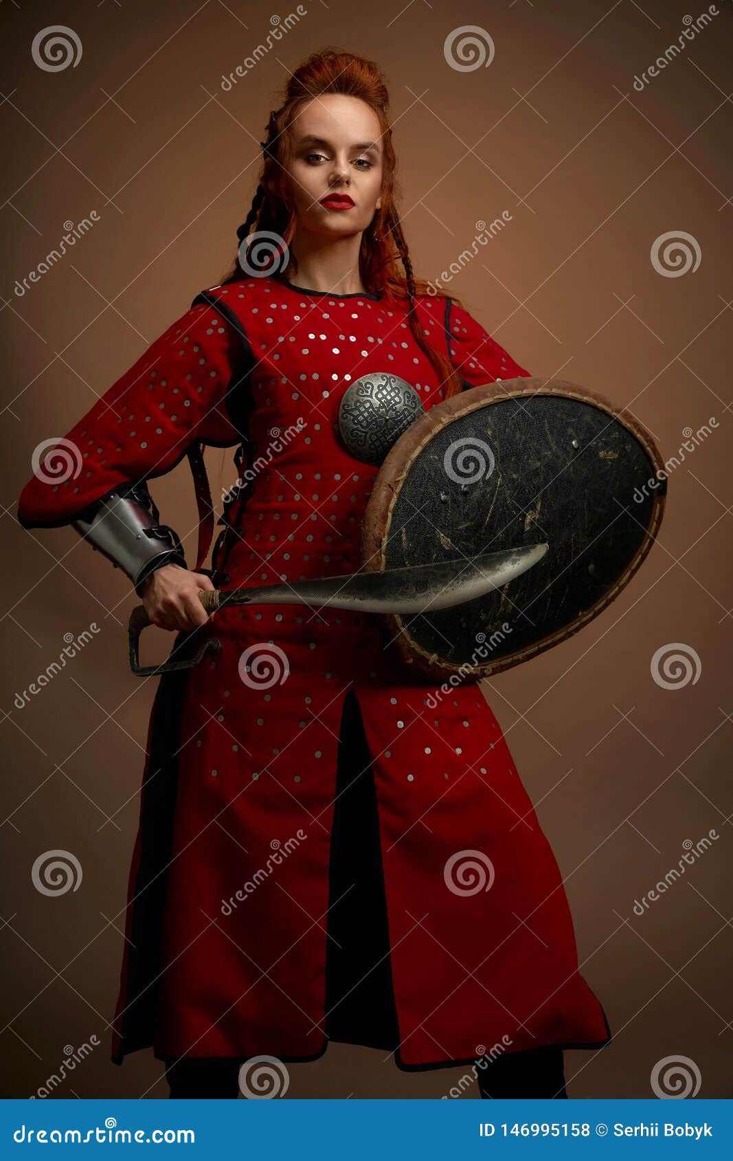 Front View Of Female Gladiator Warrior In Armor Stock Photo ...