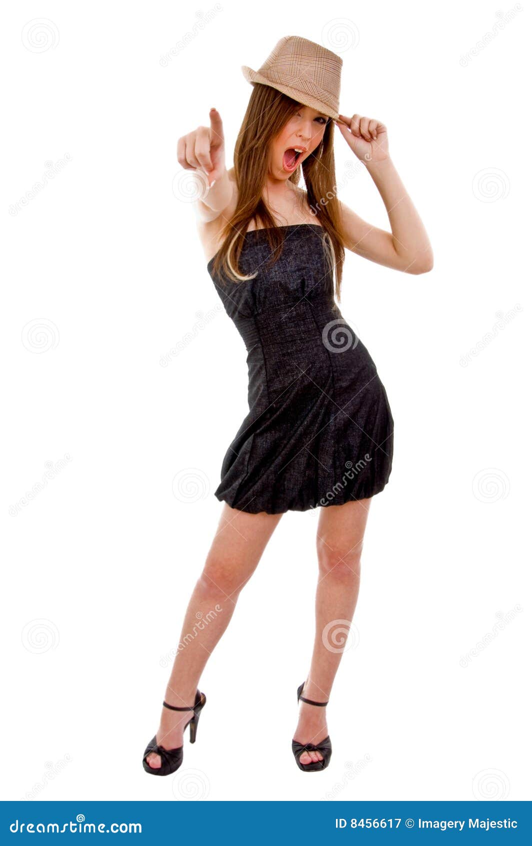 Front View of Female Holding Hat and Pointing Stock Image - Image of ...