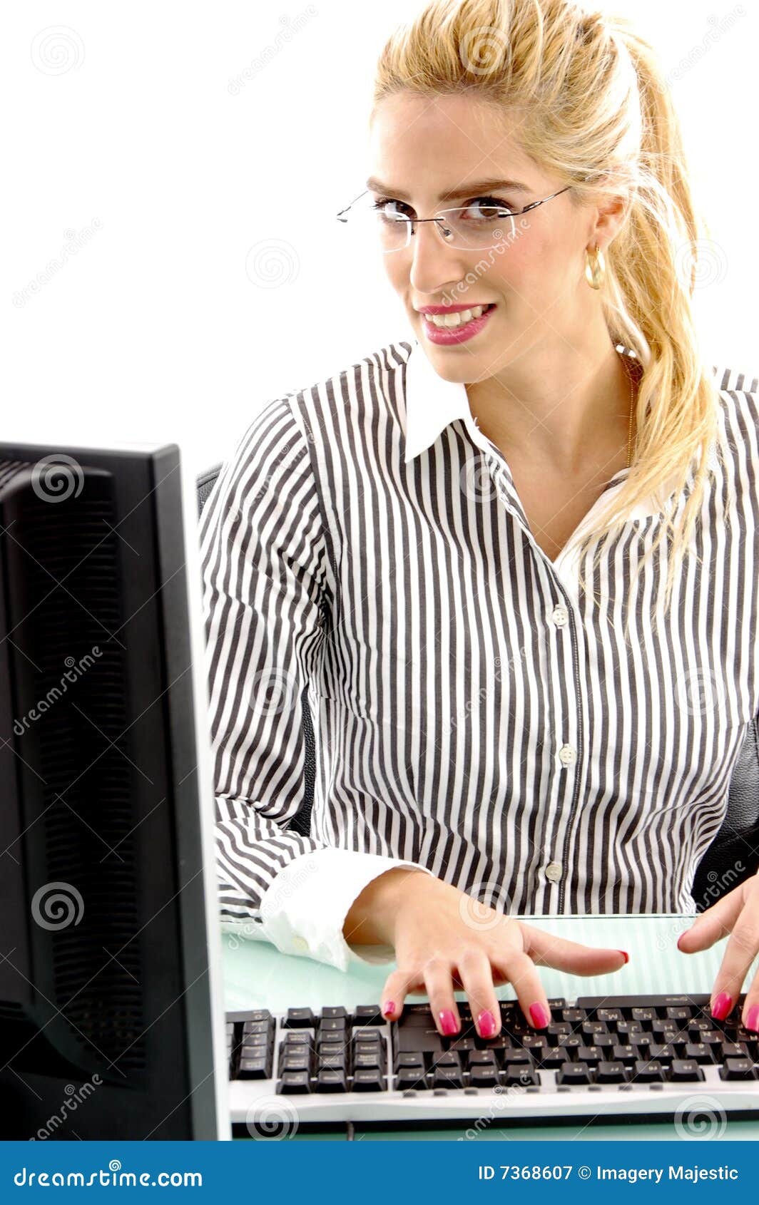 Front View of Female Working on Computer Stock Image - Image of ...
