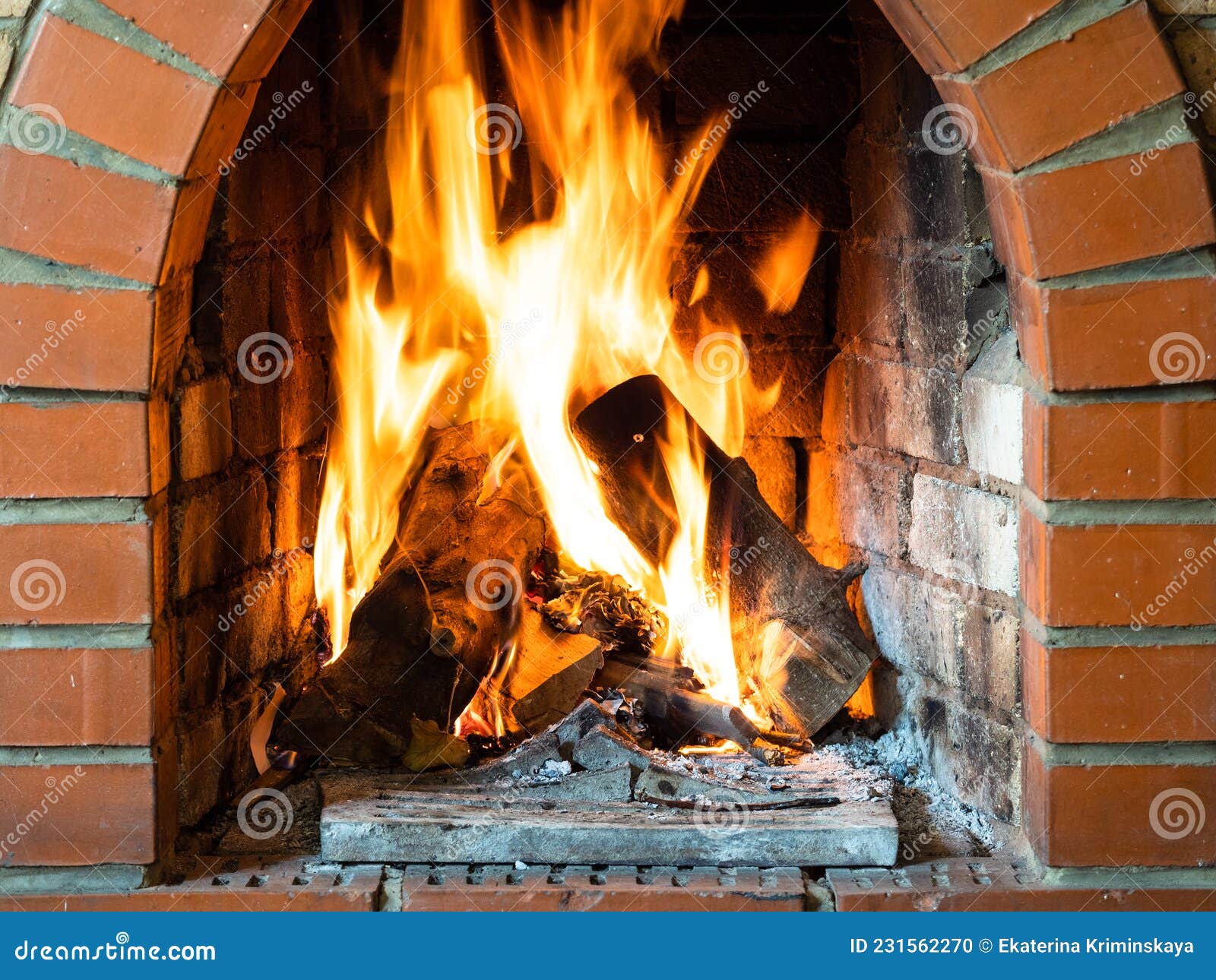 Front View of Fire in Brick Fireplace in House Stock Photo - Image of ...