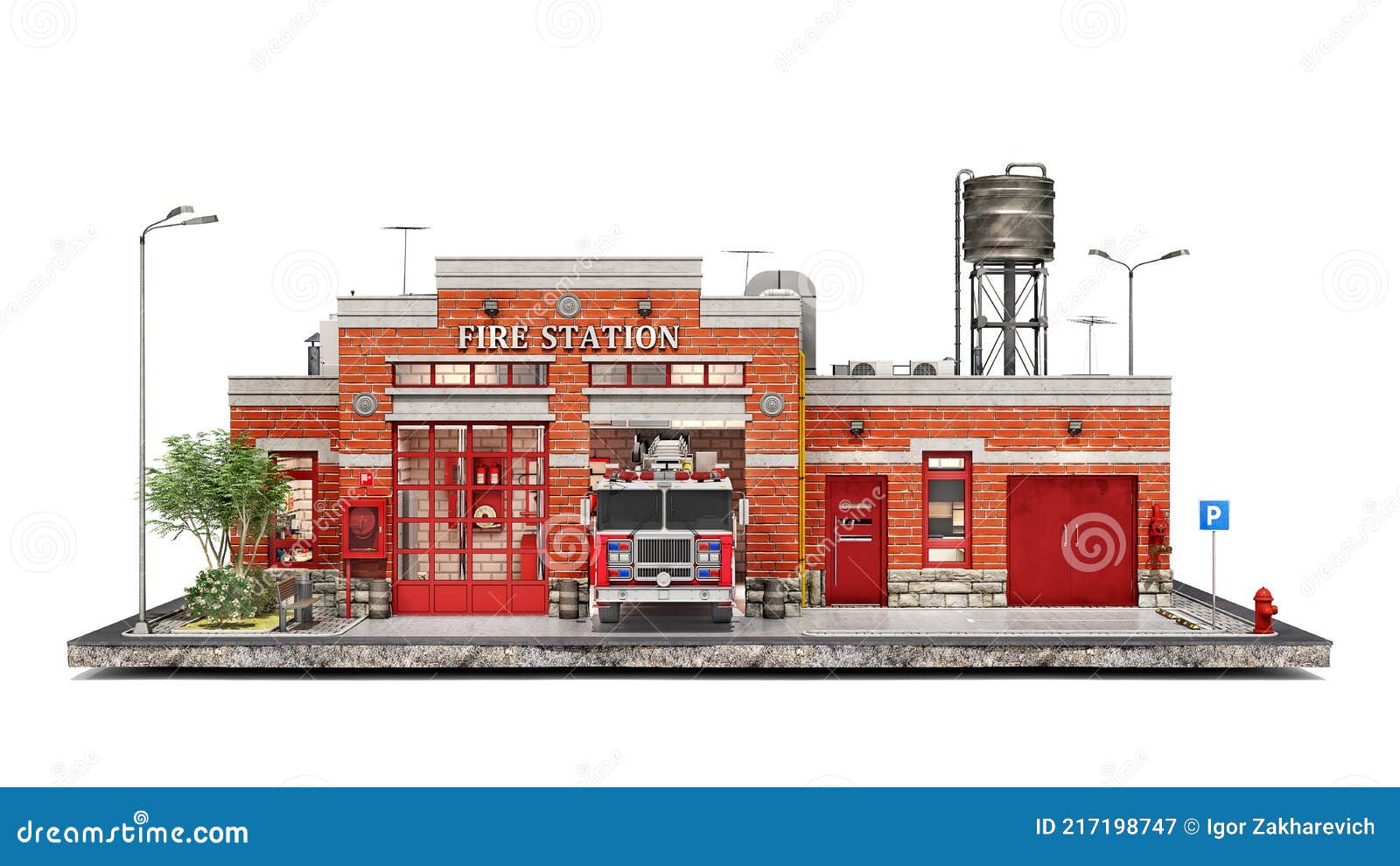 Front View on a Fire Station on a Piece of Ground, Stock Illustration ...