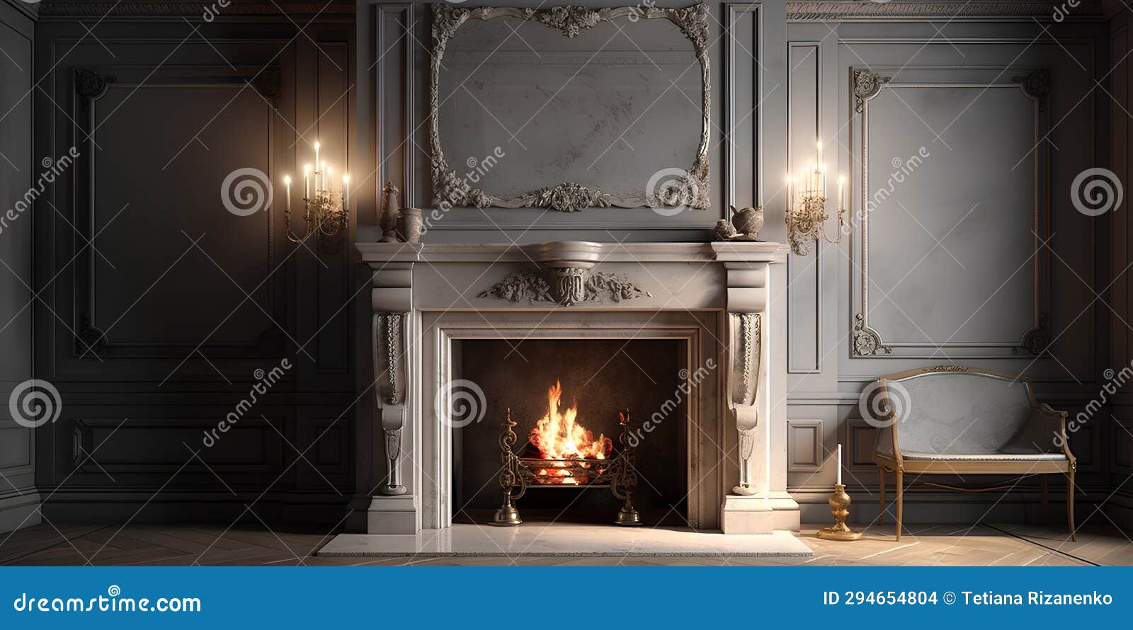 Front View of Fireplace in Classic Interior of Living Room in Luxury ...