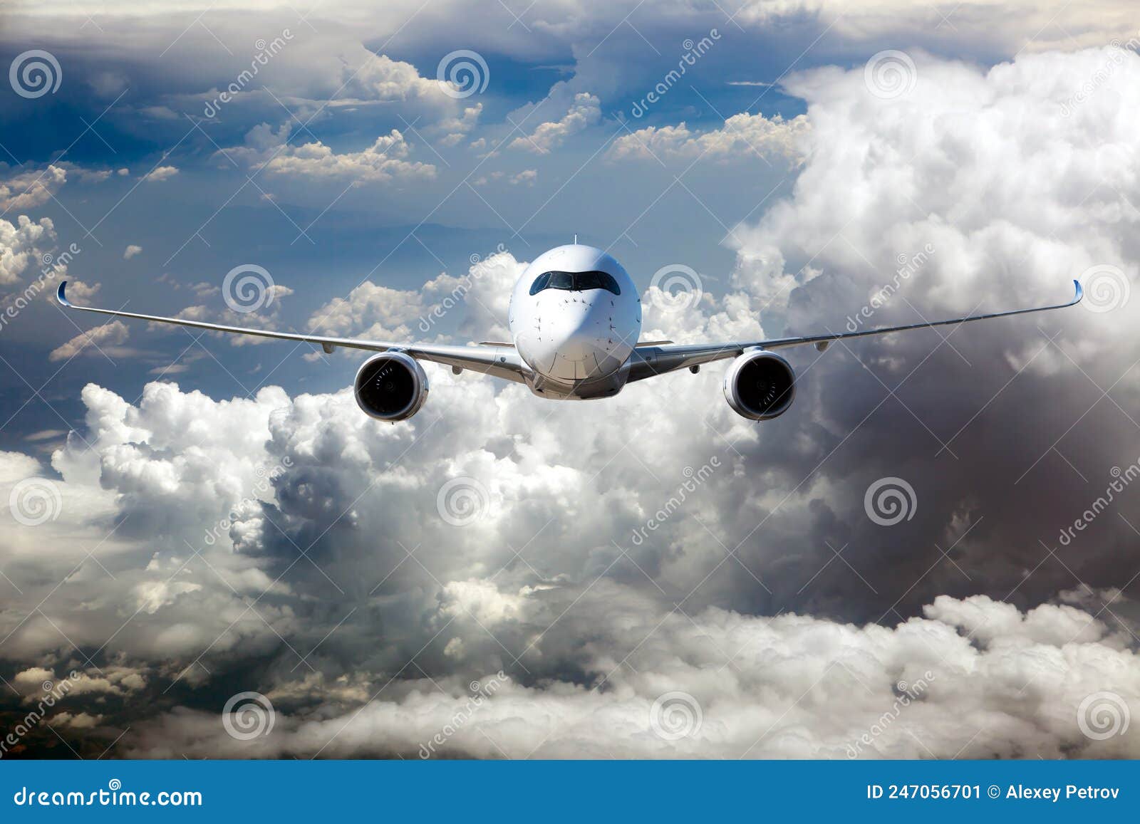 Front View of Flying Passenger Plane Stock Image - Image of foggy ...