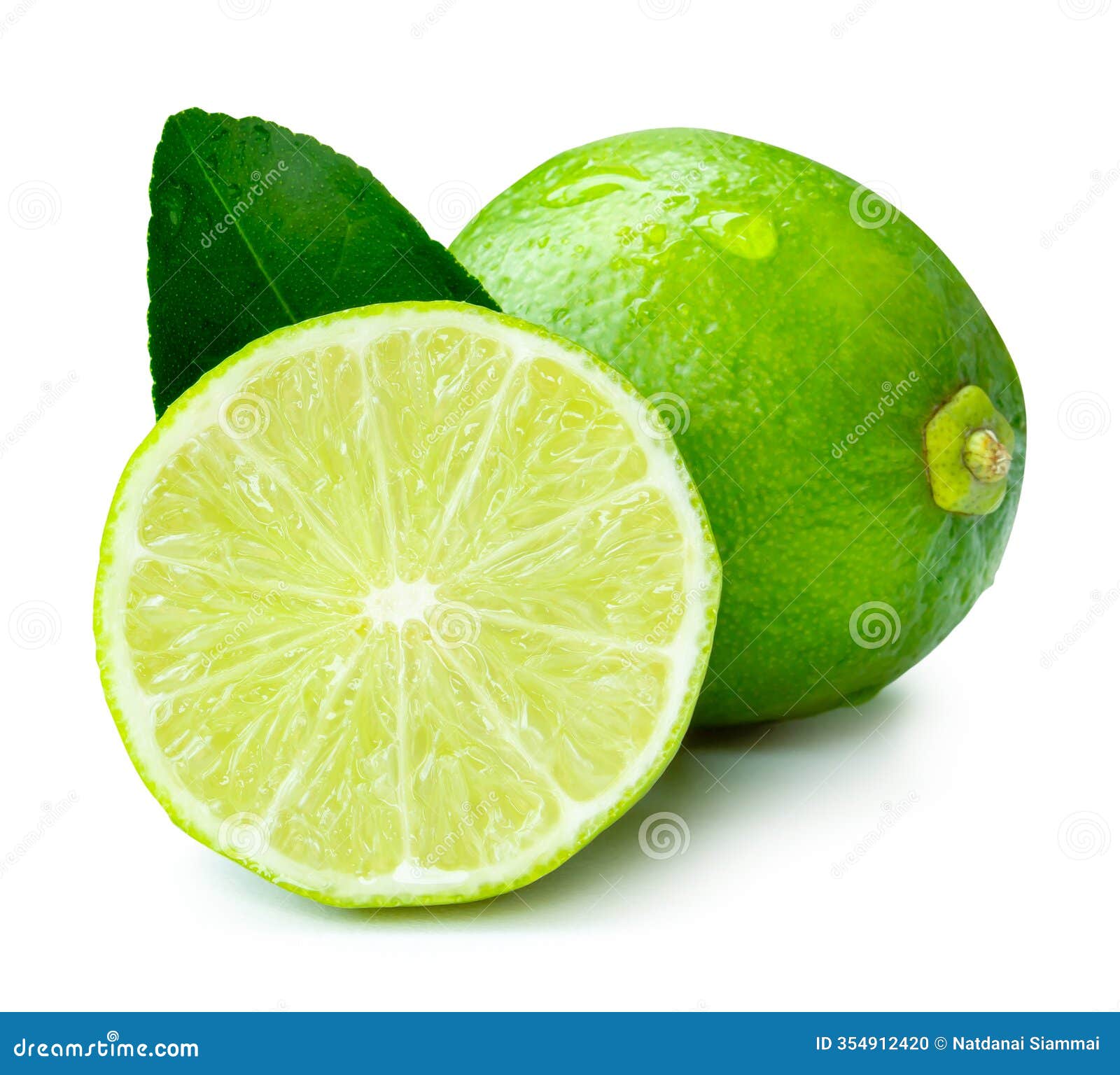 Front View of Fresh Green Lemon Fruit with Half and Green Leaves in ...